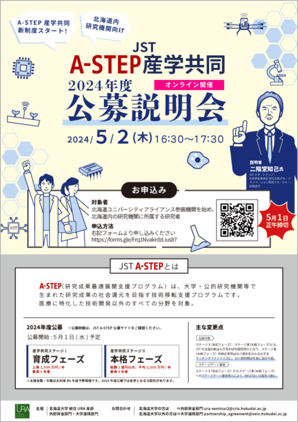 【5/1公募開始予定】JST A-STEP産学共同2024年度公募オンライン説明会のご案内 | 北海道大学 統合URA本部